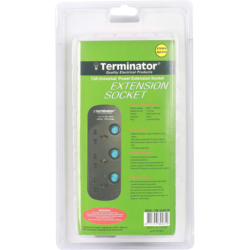 Terminator 3 Way Black Universal Power Extension Socket Terminator 3 Way Black Universal Power Extension Socket